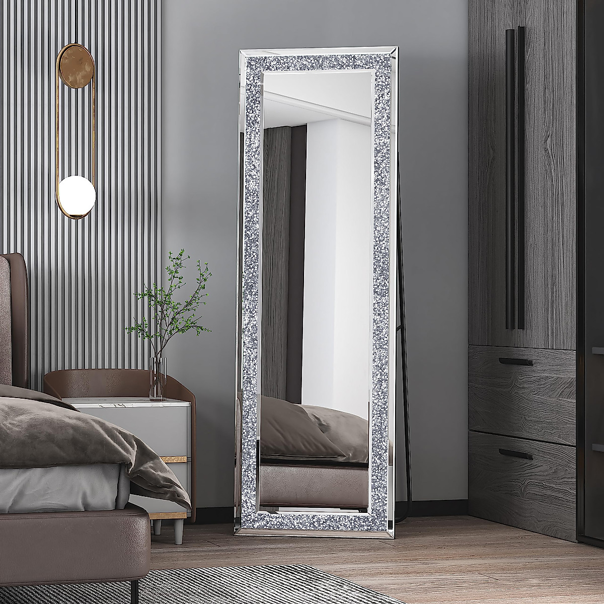 MUAUSU Crystal Full Length Floor Mirror- 59"×18" Crushed Diamond Full Body Mirror Silver Long Standing Mirror for Bedroom Living Room Bathroom Wall Mounted