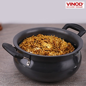 Vinod Black Pearl Hard Anodised Handi – Stainless Steel Lid – Junior Size – 3 Liters (3.2 Quarts) – Suitable For Biryani, Pulao, Gravy, Curry – Aluminium Pot – Riveted Handles - Metal Spoon Friendly