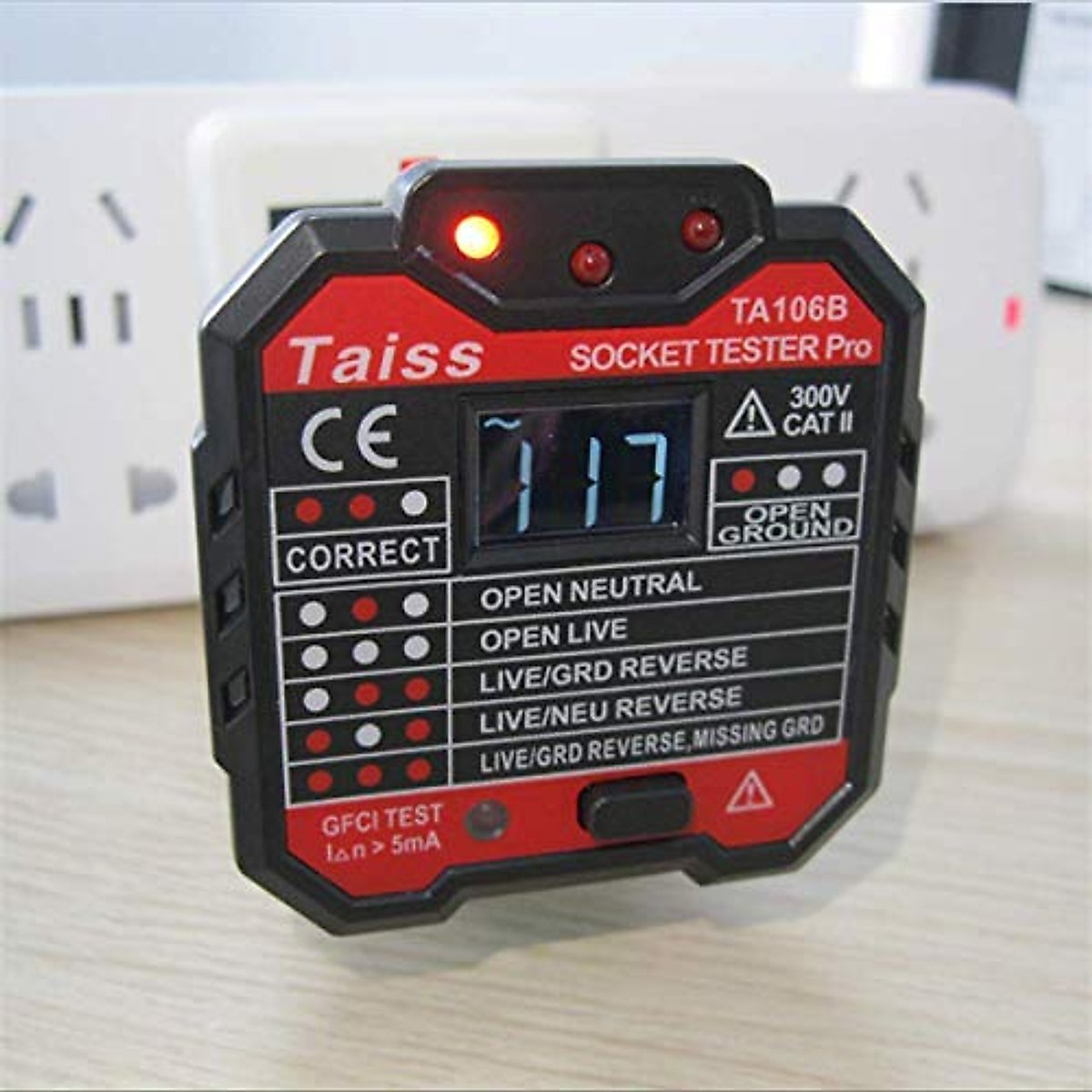 Taiss GFCI Outlet Tester New Advanced Receptacle Tester with Voltage Display 48-250V Power Socket Automatic Electric Circuit Polarity Voltage Detector Wall Plug Breaker Finder CAT II 300V TA106B