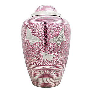 M MEILINXU Pink Butterfly Urns, Cremation Urns for Human Ashes - Display at Home or in Niche at Columbarium - Hand Engraved Urns for Ashes Adult for Female & Women & Mother(Butterflies - Brass Large