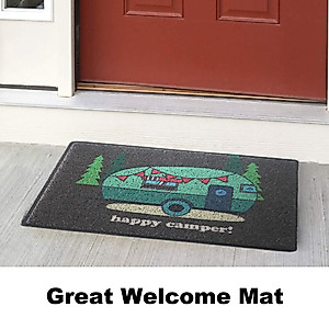 Aucuda Happy Camper RV Door Mat for Indoor Outside Entrance, Camper Entrway Rugs Welcome Mat for Front Door, RV, 24"x16" Non-Slip Front Door Mats for Summer, Waterproof Camping Door Mat Trap Dirt,Grey