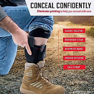 ComfortTac Ankle Holster with Calf Strap and Spare Magazine Pouch for Concealed Carry - One Size Fits Most - Compatible w/Glock 19, 26, 36, 42, 43, S&W Shield, Bodyguard 380, Ruger LCP, LC9, and More