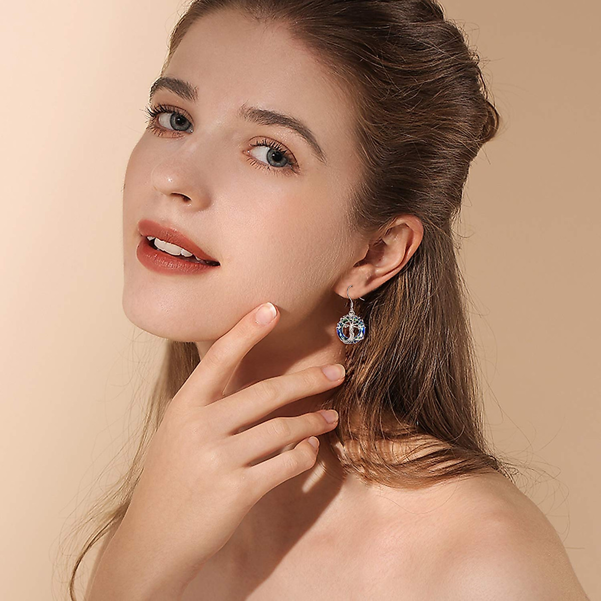 TOUPOP Earrings for Women Sterling Silver Tree of Life Dangel Drop Hooks Earrings with Blue Circle Crystal Christmas Birthday Valentiens Mothers Day Jewelry Gifts for Women Mom Her