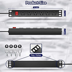 6 Outlets Heavy Duty Power Strip, Mountable Metal Power Strip Outlet, Rack Mount Power Strip 6 FT 16 AWG Long Extension Cord for Commercial Workshop Industrial Kitchen Office