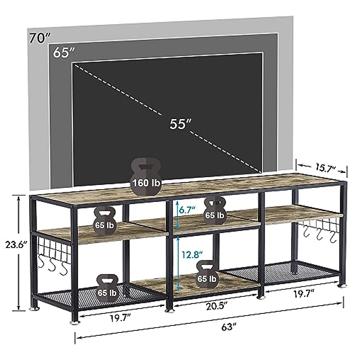 VECELO TV Stand for Televisions up to 70 Inch, Industrial Entertainment Center with 3-Tier Open Storage Shelves& Hooks for Living, Bedroom and Gaming Room, 63 Inch, Grey