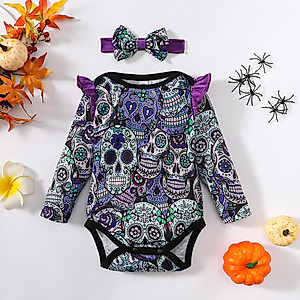 LYSMuch Newborn Baby Girl Outfits Skull Print Baby Jumpsuit Halloween Long Sleeve (3-6 Months, Purple)