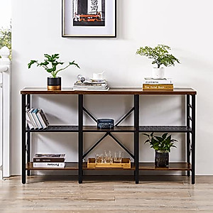 HOMISSUE 3-Tier Console Sofa Table, Industrial Vintage 60-Inch Long Entryway Table with Open Storage Shelf for Living Room, Hallway, Brown