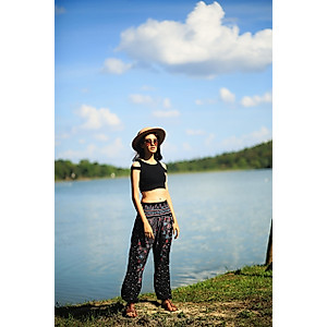 Boho Pants Harem Pants Yoga Trousers for Woman Bohemian Beach Pants (Plumes Black, Medium)