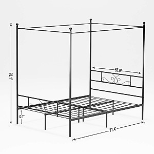 Weehom Full Canopy Bed Frame with Headboard and Footboard, 4 Posters Metal Bed Frame, No Box Spring Needed, Mattress Foundation Platform Bed for Kids and Adults, Black