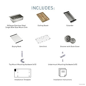 Moen Luxe Chef 18-Gauge Stainless Steel Dual Mount 33" x 22" Single Bowl Workstation Sink, Includes Cutting Board, Flexible Drying Rack, Colander, Bottom Sink Grid, and Drain, GS181012BUX