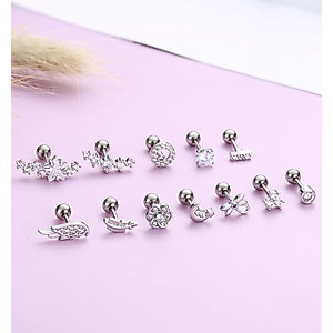 FASACCO 12PCS 18G Stainless Steel Barbell Helix Cartilage Stud Earrings CZ Leaf Dragonfly Flower Wing Moon Star Forward Helix Tragus Daith Conch Piercing Jewelry for Women Men Silver Tone