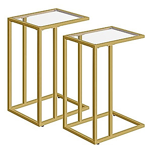 HOOBRO C Shaped End Table Set of 2, Tempered Glass Snack Side Table with Metal Frame, TV Tray Table for Small Space, Sofa Couch and Bed, Modern Style, Gold GD03SFP201