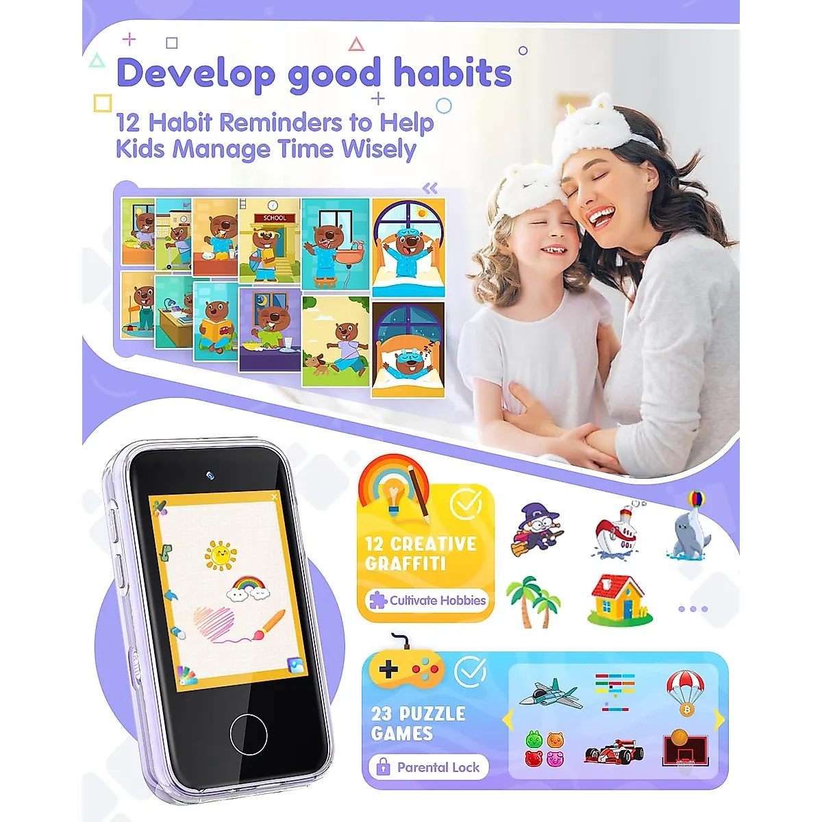 JOYJAM Phone for Kids Age 3-8,Kids Smart Phone for Girls Christmas Birthday Gifts,Toy Phone with Dual Camera Music Player Puzzle Games,Touchscreen Phone Learning Toy for 3 4 5 6 7 8 Year Old Girls