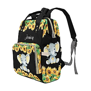 Personalized Yellow Sunflower Elephant Diaper Bags Backpack Custom Name Daypack Large Mommy Bag for Teen Girl Boy Student