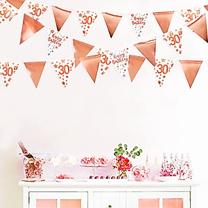 40Ft Rose Gold 30th Happy Birthday Banner Bunting Triangle Flag Pennant Garland for Womens 30th Birthday Decorations Cheers to 30 Years Dirty Thirty 30 & Fabulous Birthday Party Sign Decor
