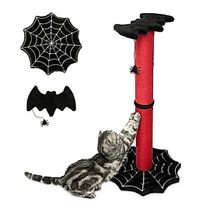 Gothic Cat Scratching Post 34 inch with Sturdy Spider Web Floor Foundation and Bat Shaped Top with Spider Toy, Halloween Cat Scratcher, Cat Tower with Scratching Post, Black and Red Color Littlesy