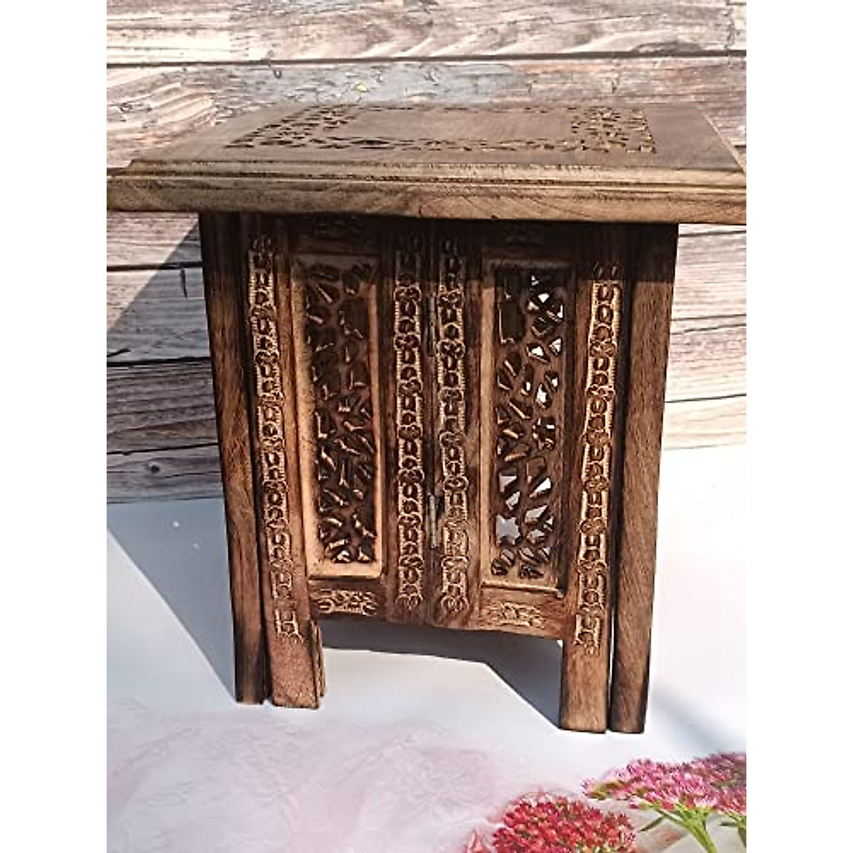 SUNDERSHALA Antique Wooden Square Shape for Adults Hand Carving Foldable Coffee Stool Indoor and Outdoor, Garden Patio Backyard (Brown, 12.76 x 12.68 x 5.55 inches)