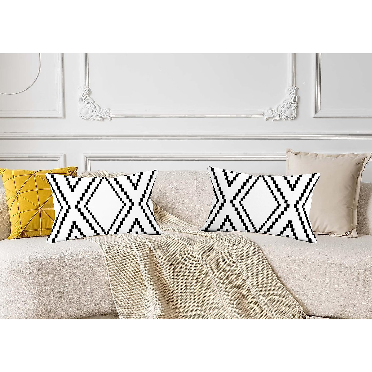 Yaofavo Set of 2 Black Lumbar Pillow Covers Boho Aztec Polyester Blend Decorative Throw Pillow Covers for Sofa Couch Bed Decor, 2 Pack of Pillowcase Only(12x20 Inches, Boho White More)