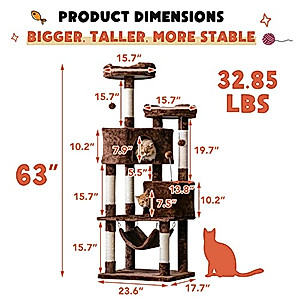 Quuzee Cat Tree for Indoor Cats - 63in Multi-Level Large Cat Tower with 2 Big Cat Condos, 2 Padded Perches, Hammock, 6 Sisal-Covered Scratching Post and Toys for Kittens Pet Play House, Brown