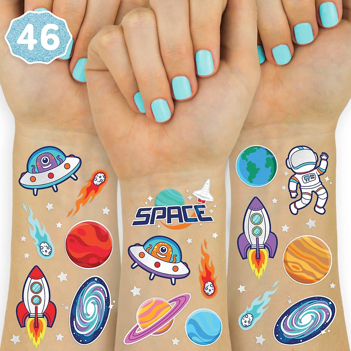xo, Fetti Space + Planets Temporary Tattoos for Kids - 46 Glitter styles | Alien Birthday Party Supplies, Astronaut Favors + Rocketship Decorations