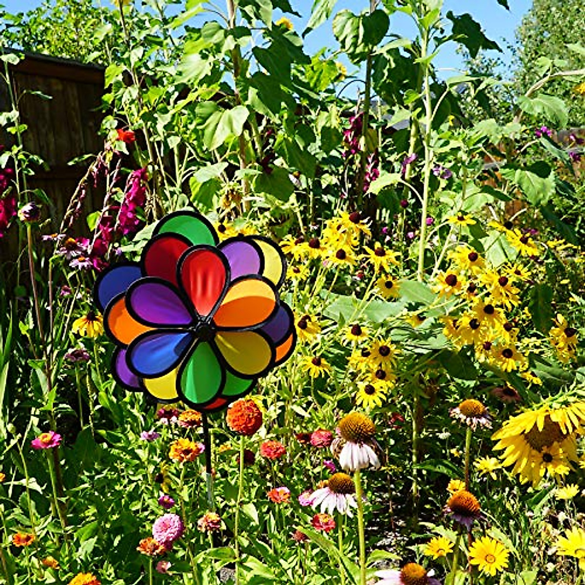 In the Breeze 2685 13.5 Inch Wind Colorful Spinner for Your Yard and Garden, 13.5" Rainbow Triple Flower