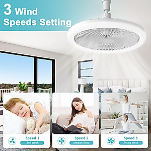 Ceiling Fan with Lights and Remote - Small Ceiling Fan Light 10 inch Bladeless Screw in Socket Fan Dimmable 3 Colors LED Lights E27 Base Mini Fandelier Ceiling Fan for Bedroom Kitchen Indoor White