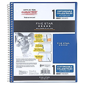 Five Star Spiral Notebook, 1 Subject, College Ruled Paper, 100 Sheets, 11" x 8-1/2" Sheet Size, Customizable Cover, Color Selected For You, 1 Count (08230)