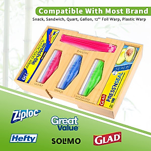 Ziplock Bag Storage Organizer for Kitchen Drawer, Expandable Bamboo Baggie Organizer, Plastic Food Bag Holders and Dispenser, Compatible with Gallon, Quart, Sandwich & Snack Size Bag, 12'' Aluminum Foil and Plastic Wrap