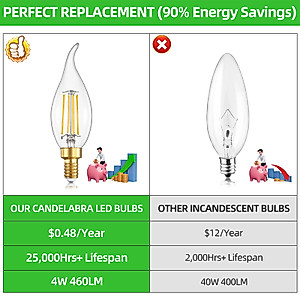 weddeg E12 LED Candelabra Bulbs 40 Watt Equivalent, Dimmable 2700K Warm White LED Candle Light Bulbs, 460LM 4W Flame Tip CA10 Chandelier Light Bulbs, 90+CRI, 12-Pack