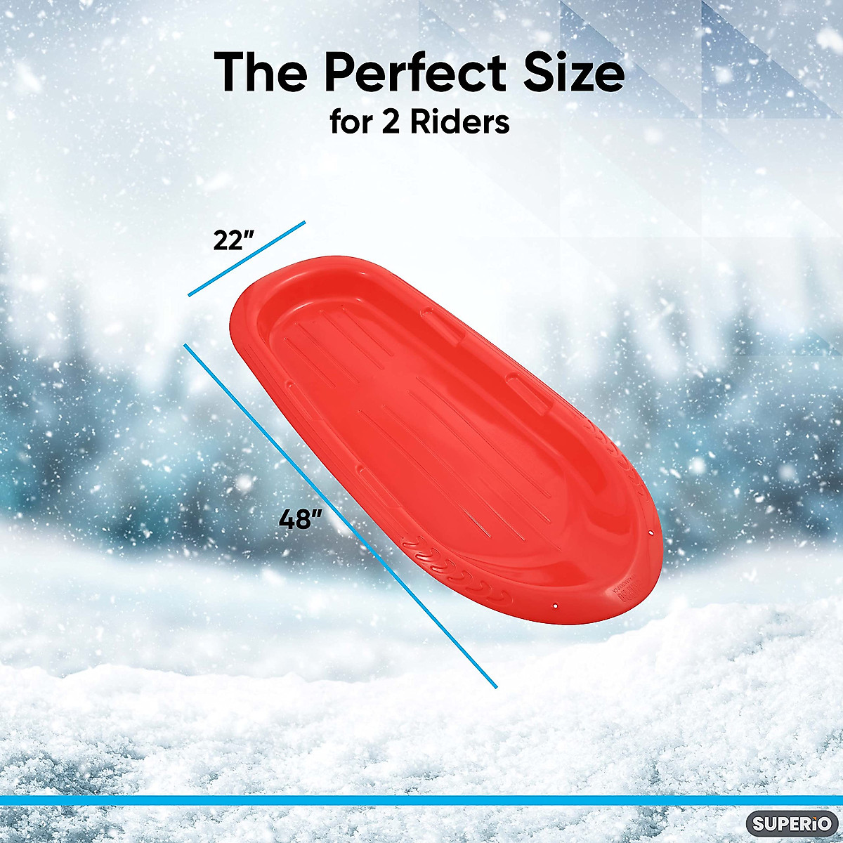 Superio Toboggan Snow Sleds for Kids and Adults, 48" Heavy Duty Plastic Sliders with Handles and Hole for Pull Ropes- Kid and Adult Winter Fun (48 Inches, Red-Blue)