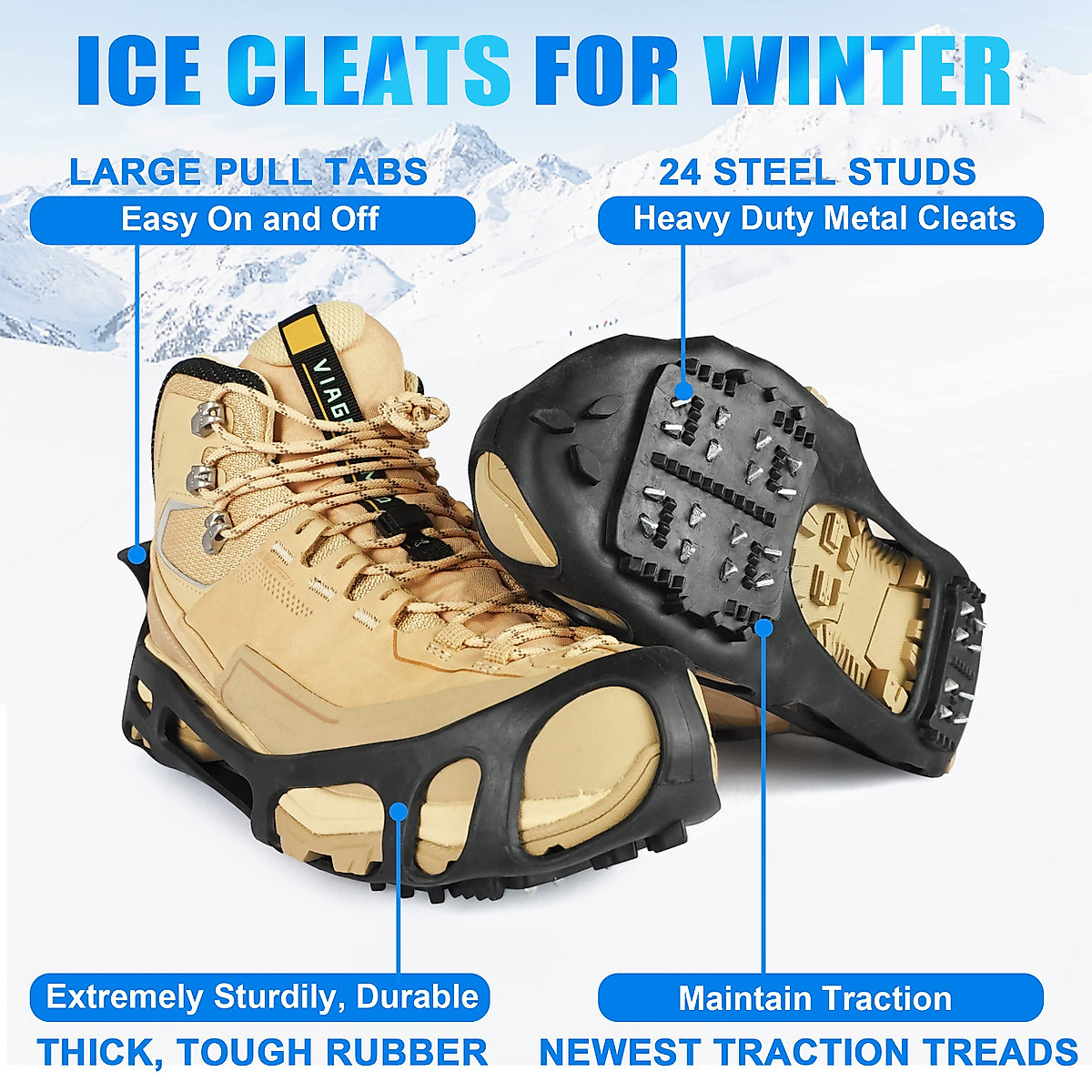 Ice Snow Cleats for Shoes Boots Walk Traction Cleats Crampons Anti Slip 24 Studs Ice Cleat Slip-on Stretch Footwear Grippers for Women Men Kids Walking on Snow Ice