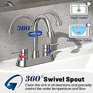 yeulluey 360 Swivel Spout Bathroom Sink Faucet with 2 Water Supply Lines, Brushed Nickel Lead-Free Bathroom Faucets Stainless Steel 4 Inch 2 Handle Centerset Faucet for Bath Basin 2 3 Hole