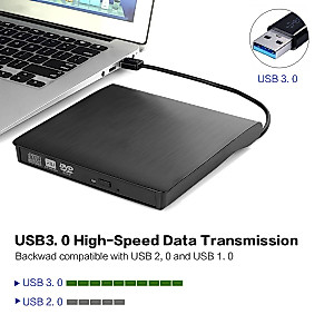 intendvision External CD DVD Drive USB 3.0 Portable Fits for DVD-R DVD-RW DVD+R DVD+RW DVD-ROM, DVD Player, CD Burner Black for PC Laptop Computer Mac OS Windows 11/10/8/7