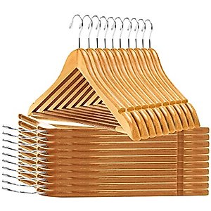Quality Wooden Hangers - Semi Contoured Hanger Set in 20-Pack - Solid Wood Coat Hangers with Stylish Chrome Hooks - Heavy-Duty Clothes, Jacket, Shirt, Pants, Suit Curved Hangers (Natural, 20)