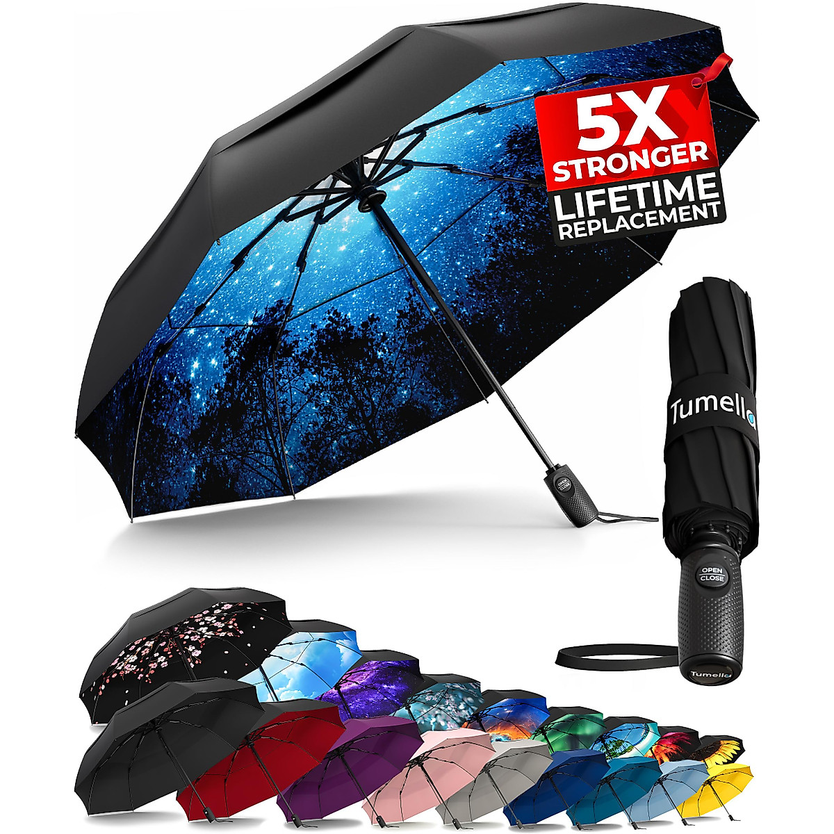 TUMELLA Strongest Windproof Travel Umbrella (Compact, Superior & Beautiful), Small Strong but Light Portable and Automatic Folding Rain Umbrella, Durable Premium Grip, Fits Car & Backpack