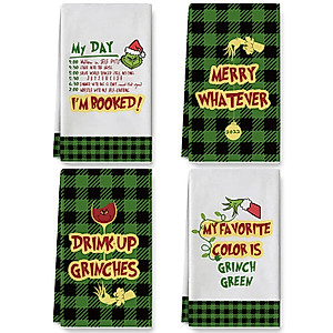 AnyDesign Christmas Kitchen Towel Green Black Buffalo Plaids Dish Towel 28 x 18 Inch Merry Whatever Cartoon Character Tea Towel Xmas Decorative Hand Drying Towel for Kitchen Cooking Baking, 4 Pack