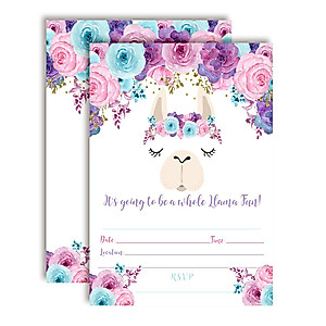 Whole Llama Fun Watercolor Floral Llama Face Birthday Party Invitations, 20 5x7 Fill In Cards with Twenty White Envelopes by AmandaCreation