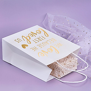 WRAPAHOLIC Medium Size Gift Bags - Gold Foil We Love Because He First Loved Us White Paper Bags with Handles for the Lovers of Scriptures and Christians - 12 Pack - 8" x 4" x 10"