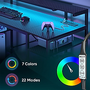 Bestier 55 inch Gaming Desk with Power Outlets & LED Lights, Computer Desk with Monitor Stand & Adjustable Shelves, Home Office Desk with Cup Holder & Hook, Black 3D Carbon Fiber