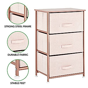 mDesign Steel Top and Frame Storage Dresser Tower Unit with 3 Removable Fabric Drawers for Bedroom, Living Room, or Bathroom - Holds Clothes, Accessories, Lido Collection - Light Pink/Rose Gold