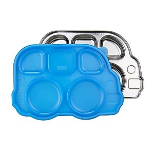 Innobaby Stainless Bus Plate with Airtight Sectional Lid, The Original, Leak-Resistant Divided Platter, Mom Invented Fun Shape Plate Din Din Smart for Babies, Toddlers and Kids, BPA Free Plate, Blue