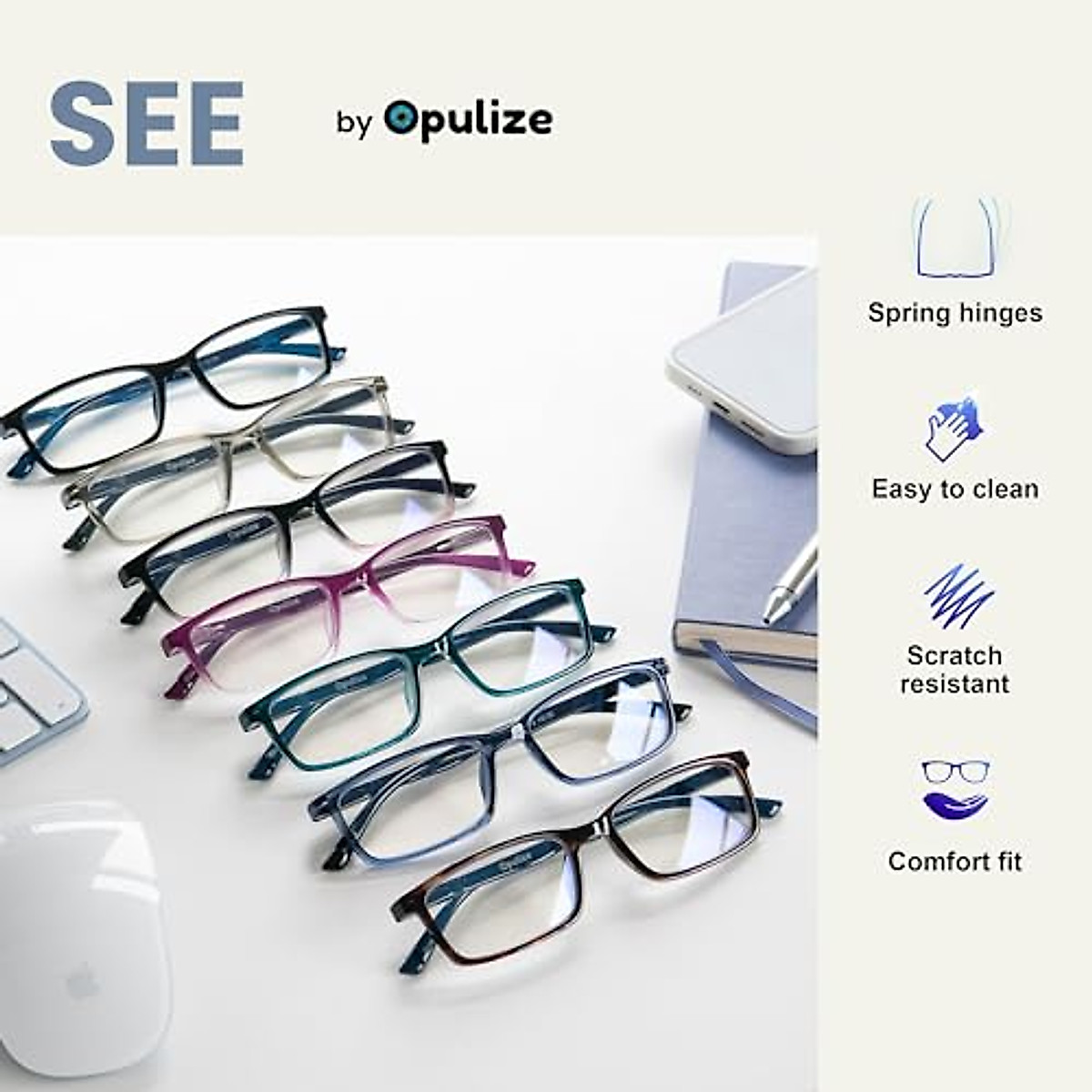 OPULIZE See Reading Glasses 3 Packs with Blue Light Blocking Narrow Frame Spring Hinges Improve Sleep Computer Gaming Transparent Blue Purple Turquoise Mens Womens BBB9-35Q +3.50