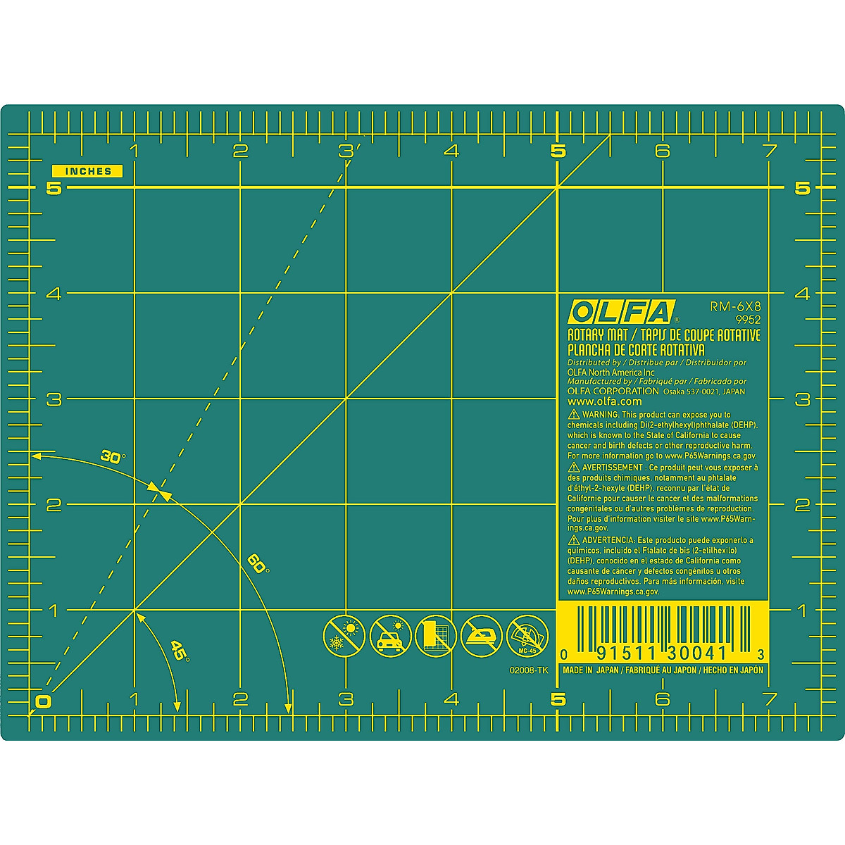 OLFA 6" x 8" Self Healing Rotary Cutting Mat (RM-6x8) - Double Sided 6x8 Inch Cutting Mat with Grid for Quilting, Sewing, Fabric, & Crafts, Designed for Use with Rotary Cutters (Green)