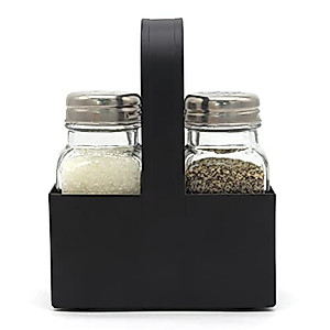 CVHOMEDECO. Salt and Pepper Shakers Set with Black Galvanized Caddy, Farmhouse Glass Salt and Pepper Shaker Dispensers, Black Metal Holder with Padded Feet, for Home Kitchen Table Decor. Rectangular