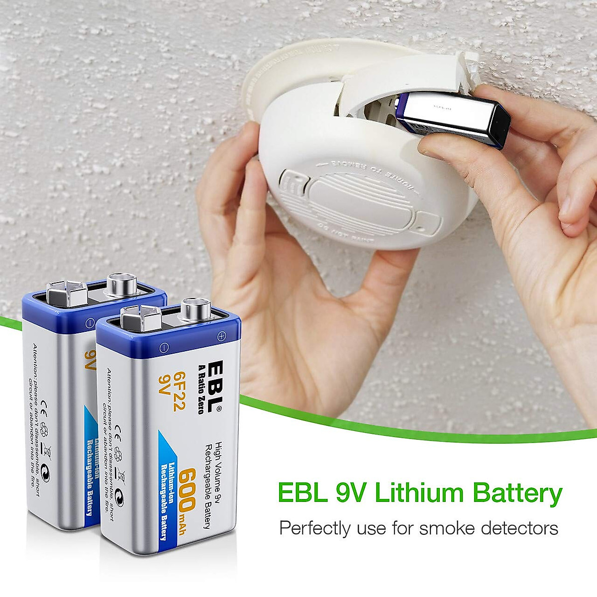 EBL 9V Batteries, Rechargeable 9V Battery 600mAh Lithium 6F22 Batteries for Smoke Detector, Long Lasting (4 Pack)