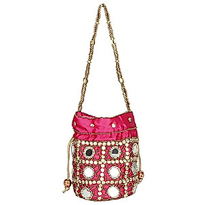 Traditional Satin Potli Bag with Round Mirror for Women & Girls - PINK