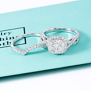 DovEggs Center 2ct 7.5X7.5mm GHI Color Cushion Cut Created Moissanite Halo Engagement Rings 14K Gold QUALITY Sterling Silver Engagement Ring Wedding Ring Set 2 Pieces for Women(7.5)