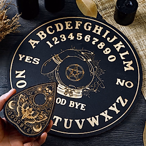 Keithwood 11.5’’ Black Spirit Board with Planchette Handmade Black Talking Board Game Spirit Board for Spirit Hunt, Witch Craft, Occult Practice - Magic Crystal Ball Pentagram Star in Hands