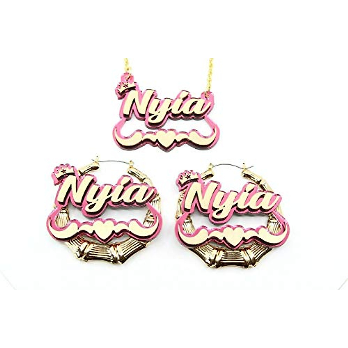 Name Necklace Plate Personalized Custom Nameplate and 1.5" Bamboo Gold Earrings With Swirls Heart and Crown on Top Jewelry Set Color Choice Laser Cut Gold Script Cursive Letters, Quality Gold Chain