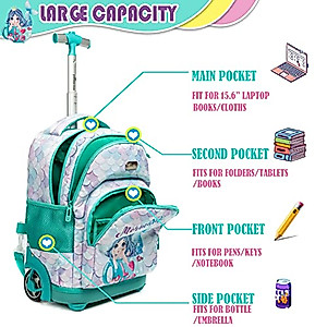 Meetbelify Rolling Backpack for Girls Mermaid Wheels Backpacks Kids Trolley Luggage Travel Suitcase for Elementary Preschool Students with Lunch Box and Pencil Case